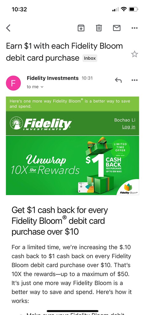 Fidelity Bloom Debit $1 back every $10 spend (max $50) - 银行账户 - 美卡论坛