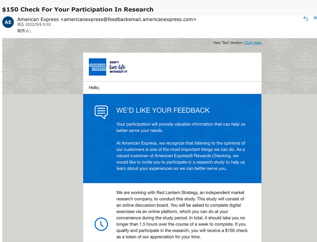 Amex Reward Checking $150 Survey - 银行账户 - 美卡论坛