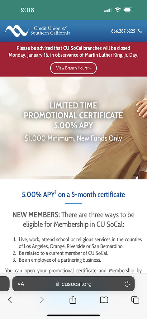 南加信用社(CUSocal) 5%APY CD - 银行账户 - 美卡论坛