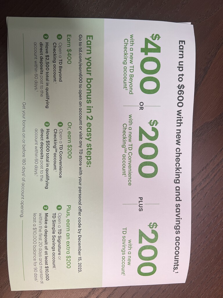 TD bank checking $400 + saving $200 - 玩卡 - 美卡论坛