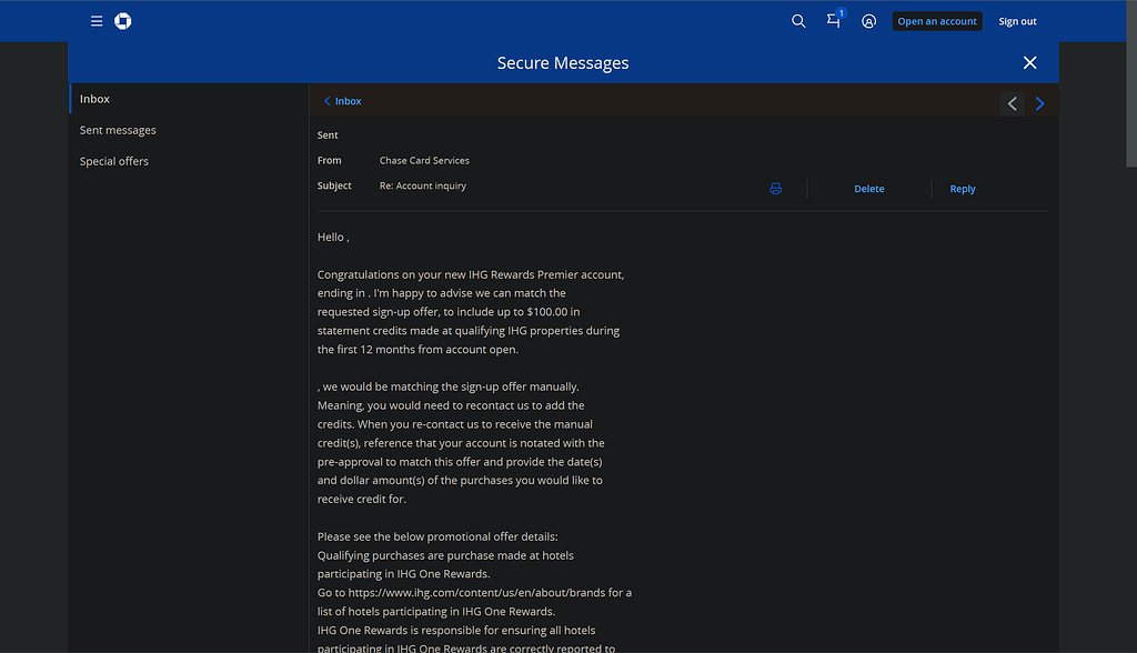 【Chase IHG Premier】 Secure Message 成功 Match 升级版开卡奖励 - 信用卡 - 美卡论坛