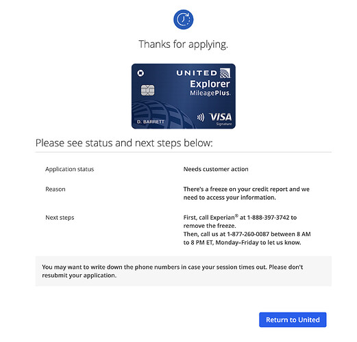 Chase元旦申UA Explorer提示Experian已锁定？（好像是锁了，但看看能不能破524） - 玩卡 - 美卡论坛