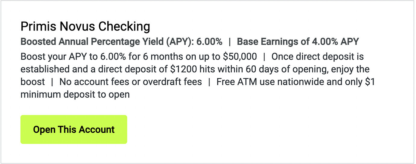 Primis Bank 6% APY Checking - 银行账户 - 美卡论坛