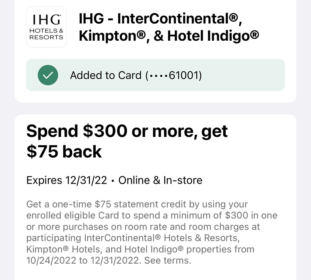 Amex Offer: IHG InterContinental, Kimpton等$300返$75 - 玩卡 - 美卡论坛