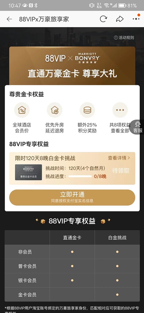 这次回国发现淘宝的88VIP可以直升万豪金以及参与白金挑战 - 酒店常旅客 - 美卡论坛