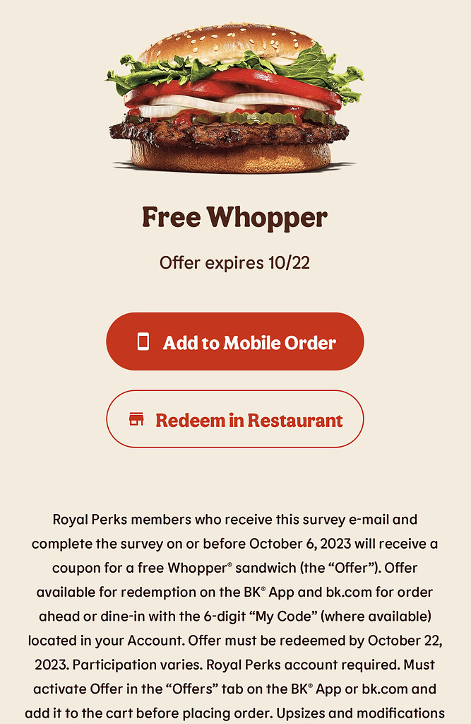 Burger King Free Whopper with code ROYALPERKS23 - 生活 - 美卡论坛