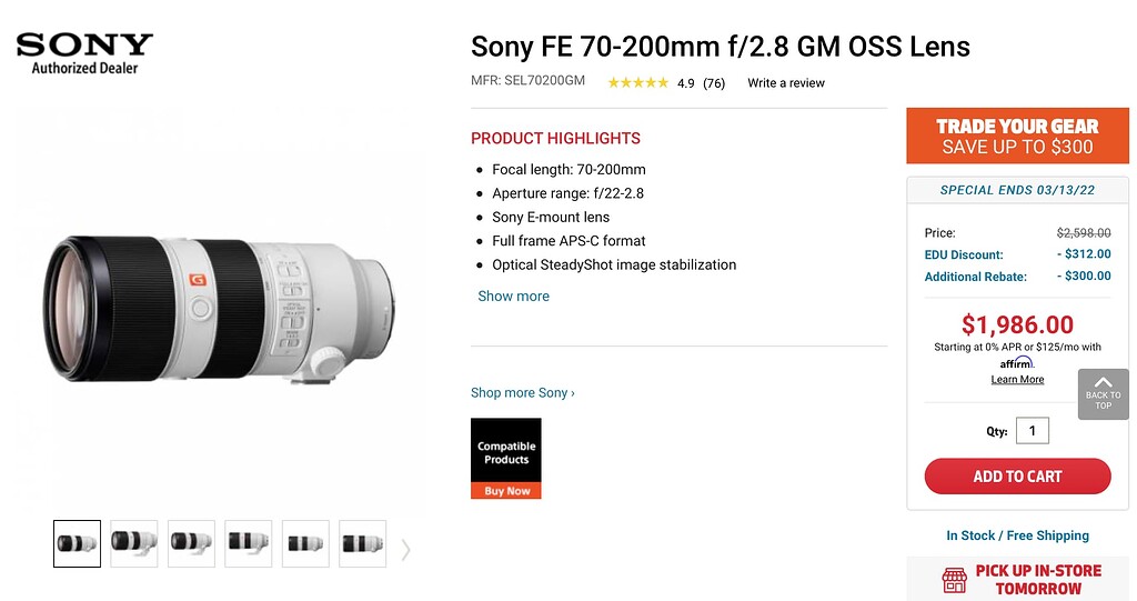 Sony 70200 GM 一代 教育优惠后 1986 🔪 - 电子产品 - 美卡论坛