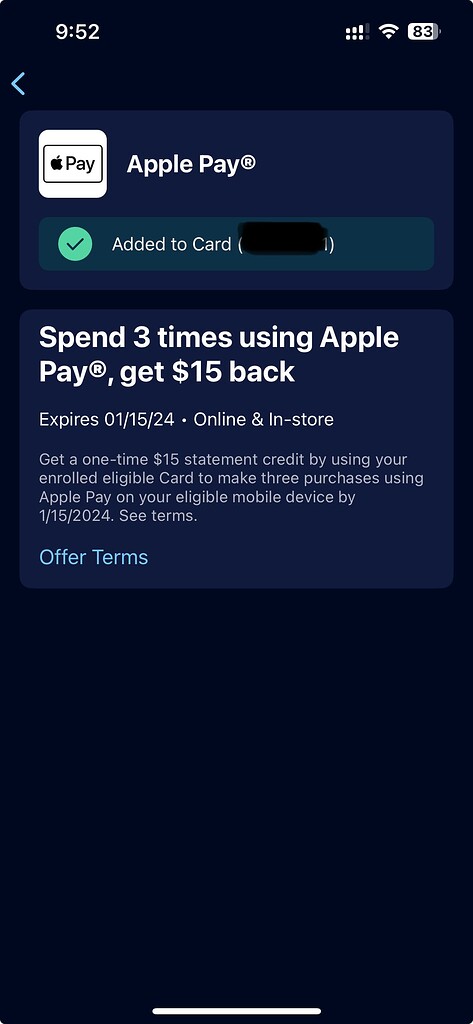 Amex offer use apple pay 3 times get $15 back - 信用卡 - 美卡论坛