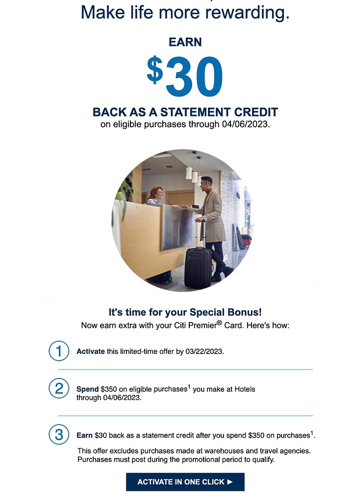 Citi Premier Offer $30 credit from $350 hotel purchases - 信用卡 - 美卡论坛