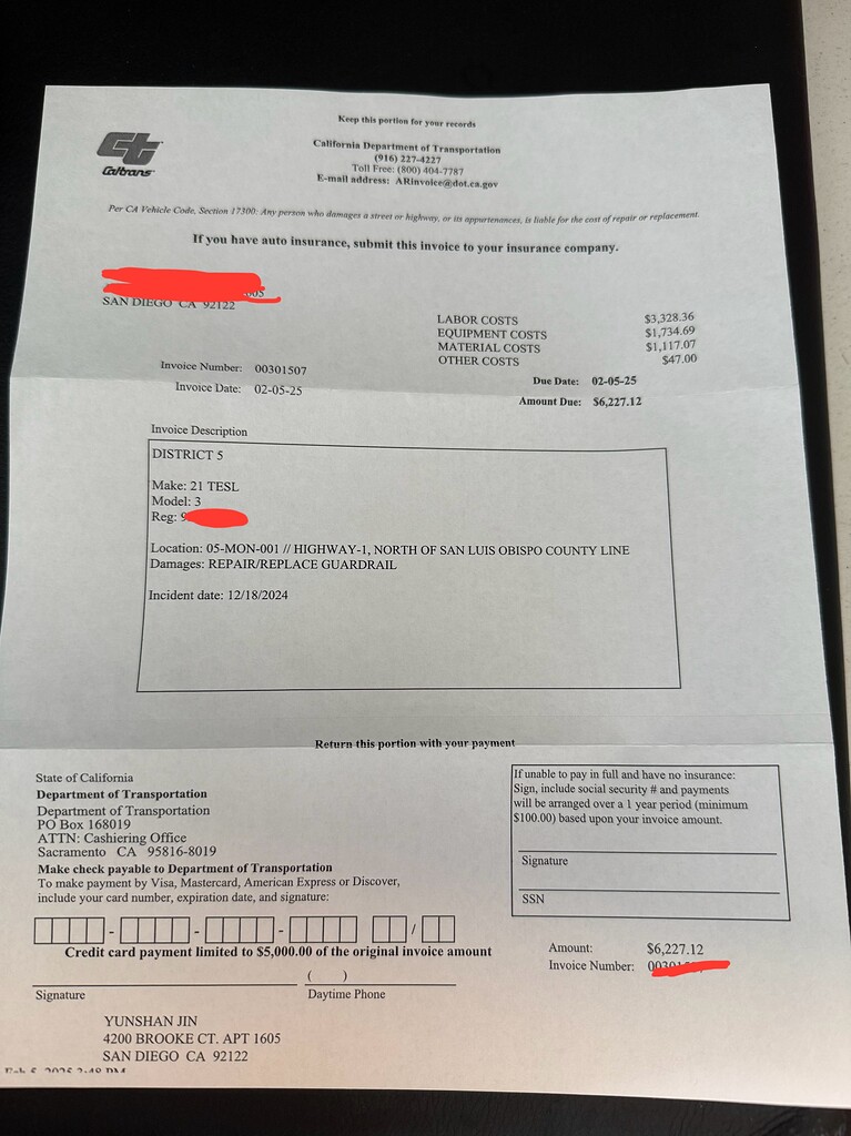 CalTrans寄来$6227.12 Pacific coast hwy护栏损坏的账单，保险property damage只有5000刀保额 ...
