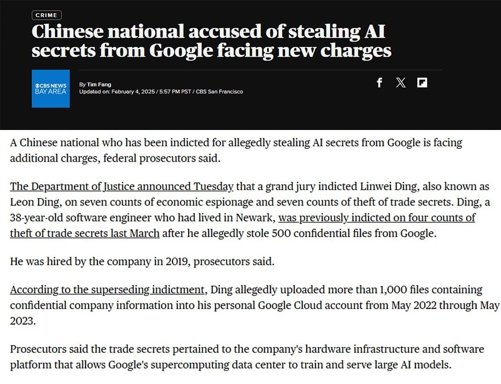 惊天爆料！前谷歌华人工程师携千份机密疑助中国AI，被美司法部重锤起诉！ - 搬砖 - 美卡论坛