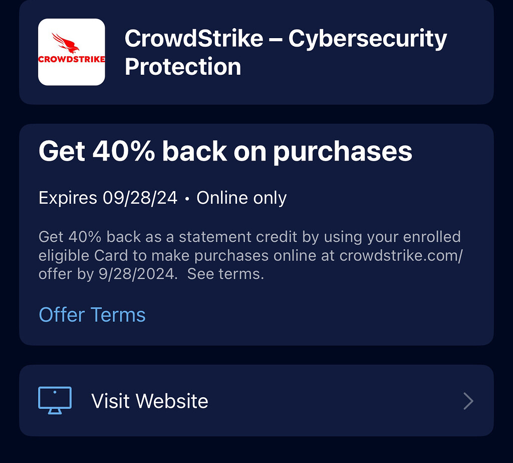 Amex offer Crowdstrike 40% back - 玩卡 - 美卡论坛