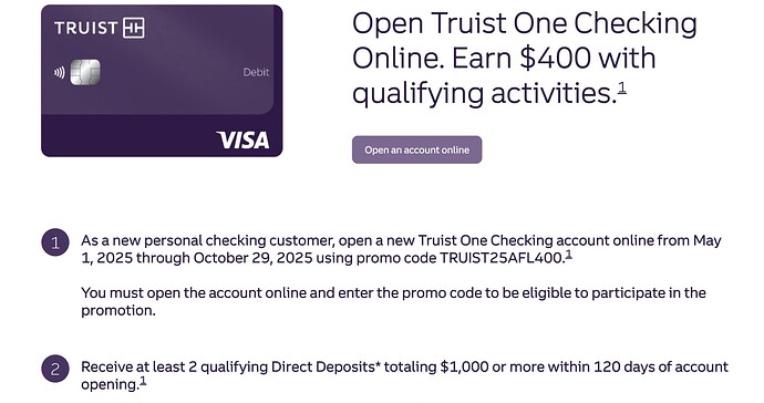 Truist One Checking $400 Promotion - 银行账户 - 美卡论坛