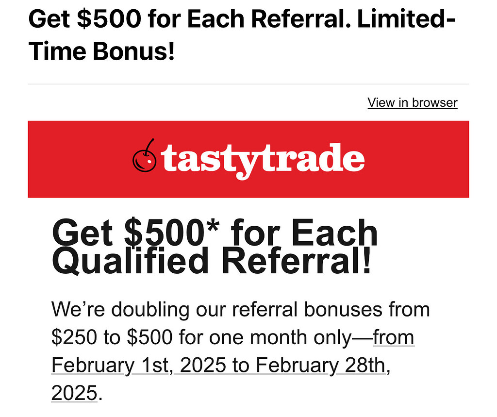 Tastytrade $500 referral bonus (可以stack with up to $5000 new account ...