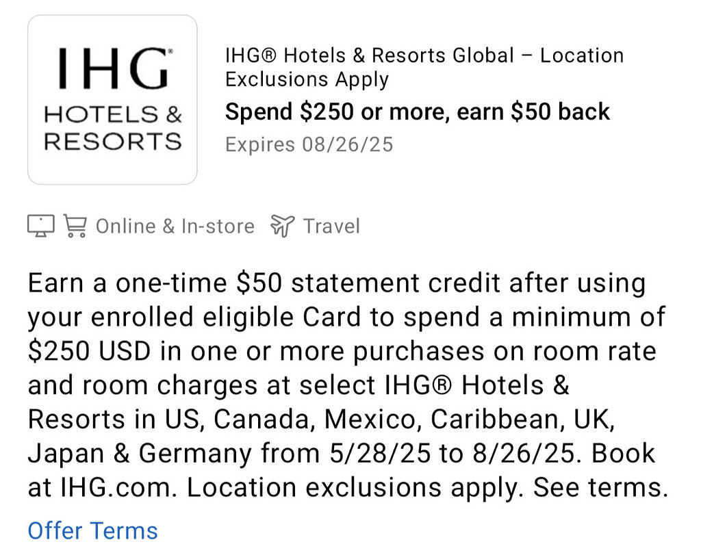 Amex IHG offer 50 back after 250 - 玩卡 - 美卡论坛