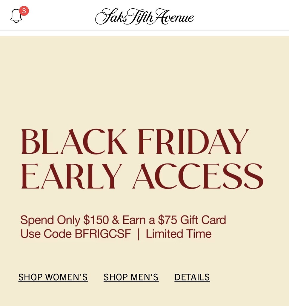 Saks黑五满150送75礼卡(online 11/24-11/29, in store to 11/30) - 玩卡 - 美卡论坛