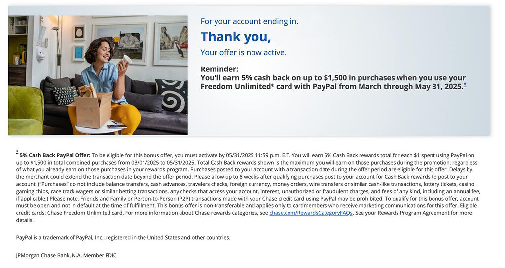 Chase CFU My Bonus 5%CB with Paypal up to $1,500 - 信用卡 - 美卡论坛
