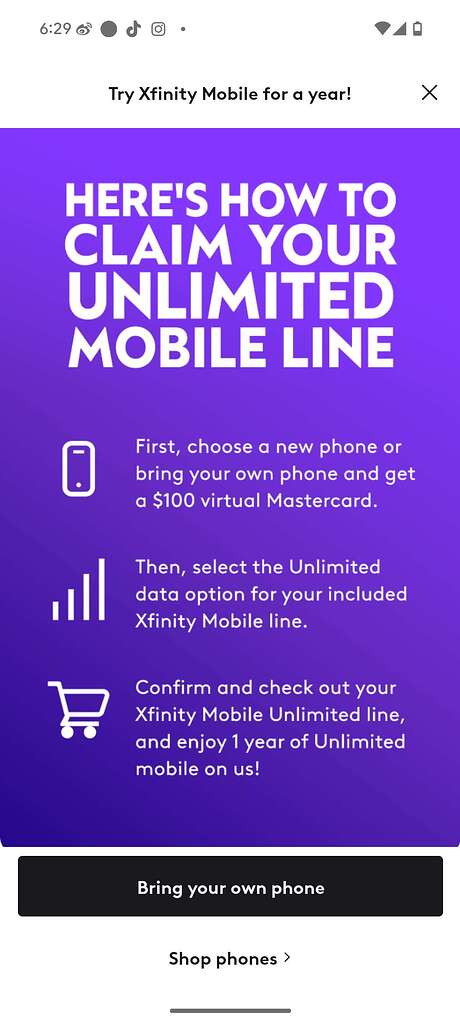 Xfinity Mobile 送1年Unlimited Line + $100 Virtual Master Card，需已有Xfinity ...