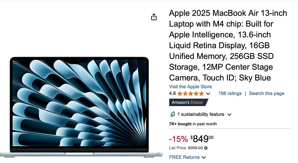 MacBook Air M4 16GB/256GB 丐版 $849：Amazon／Best Buy 史低价 - 电子产品 - 美卡论坛