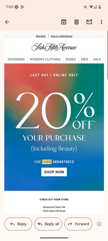 (7/3) Saks 无门槛 20% Off Email Targeted Code - 败家 - 美卡论坛