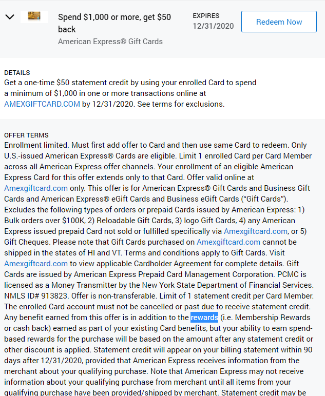 Amex买Amex GC有点数可拿吗？1000-50、300-20 Offer - 玩卡 - 美卡论坛