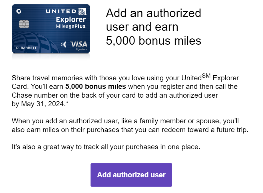 Chase UA Explorer 添加副卡 5000 miles offer - 玩卡 - 美卡论坛