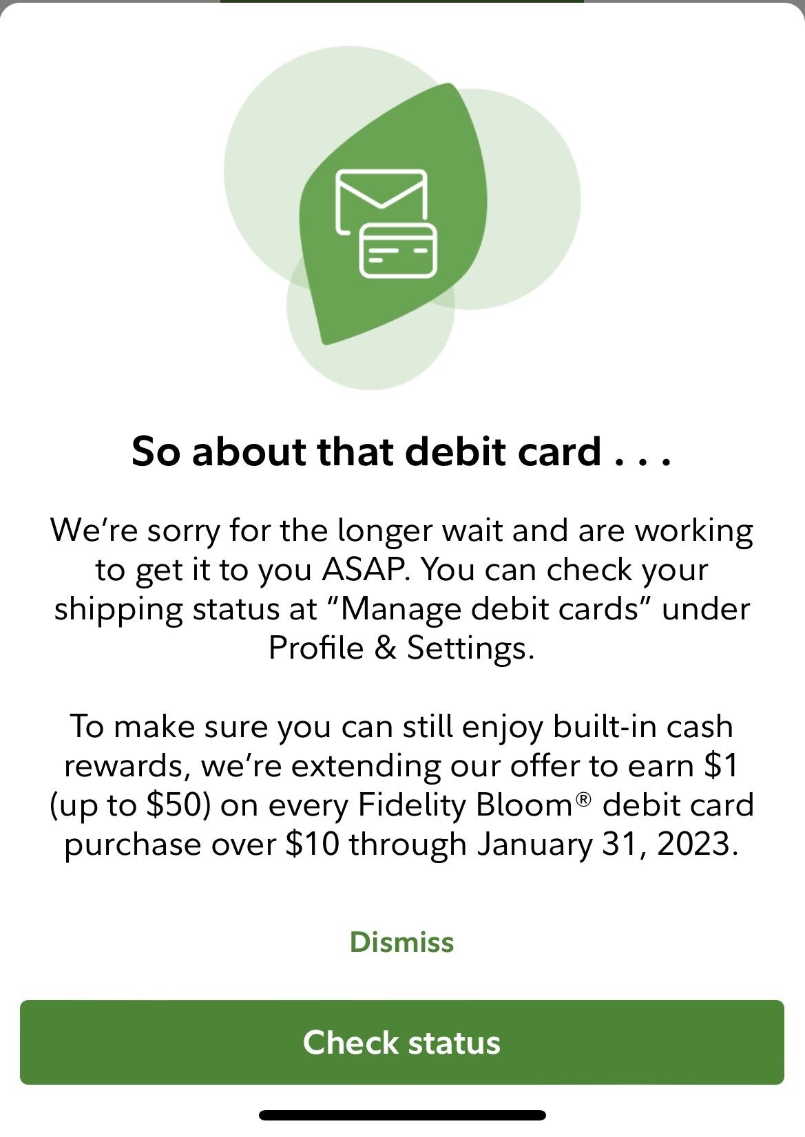 Fidelity Bloom Debit $1 back every $10 spend (max $50) - #55，来自 ymcc ...