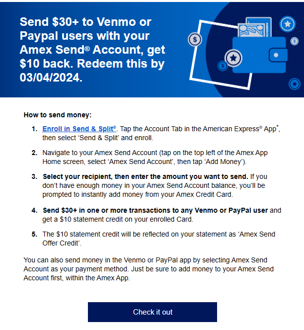amex offer send&split to venmo/paypal 30-10 - 信用卡 - 美卡论坛