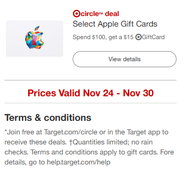 Starting 11/24: $100 Apple Gift Card (Email Delivery) + $15 Target Gift ...
