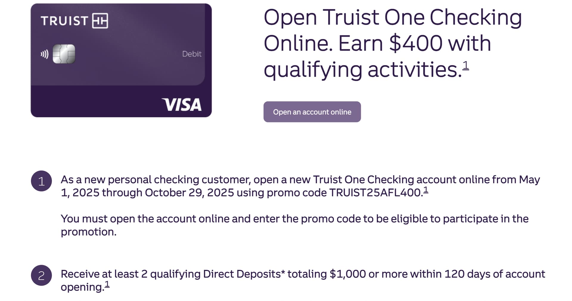 Truist One Checking $400 Promotion - 银行账户 - 美卡论坛