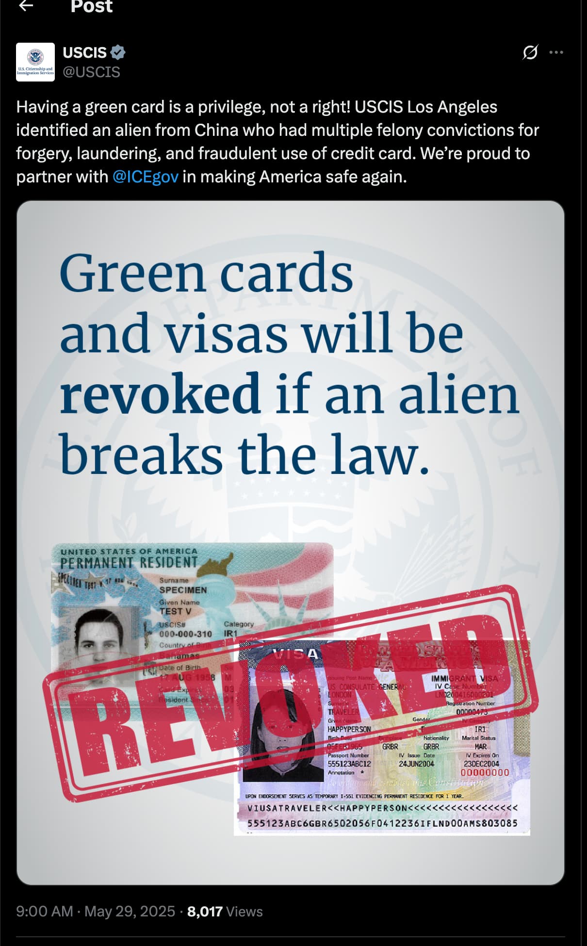 中国人绿卡被revoke 因为 forgery, laundering, and fraudulent use of credit card ...